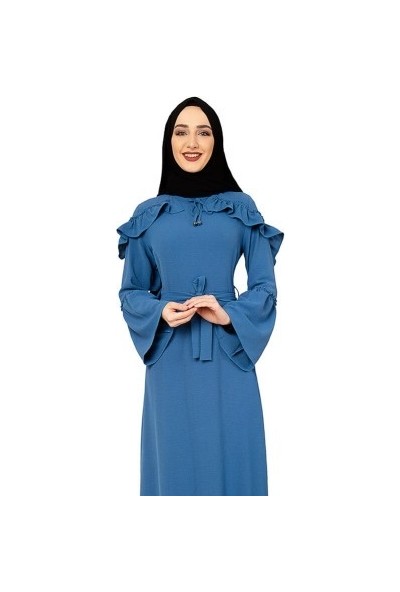 Moda Çizgi Omuzları Fırfır Detaylı Kemerli Elbise Indigo