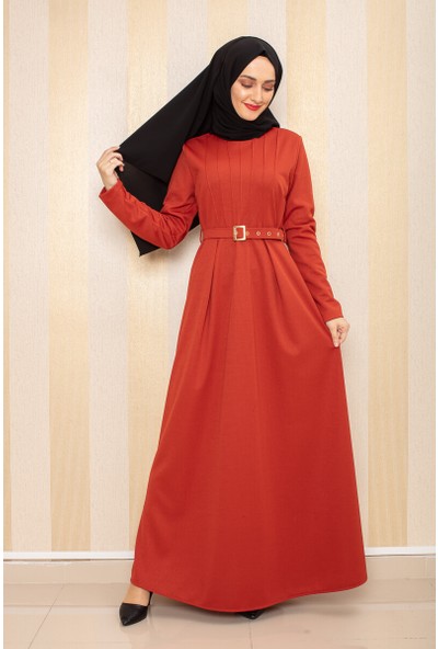 Moda Çizgi Kemerli Tesettür Elbise Kiremit Moda Çizgi Kemerli Tesettür Elbise Kiremit