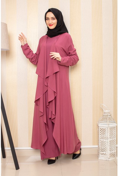 Moda Çizgi Hırkalı 3 Lü Kombin Gül Kurusu