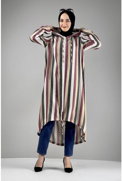 Moda Çizgi Çizgili Tesettür Kap Bordo