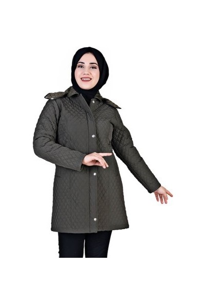 Moda Çizgi Kapüşonlu Kapitone Tesettür Mont Haki Moda Çizgi Kapüşonlu Kapitone Tesettür Mont Haki