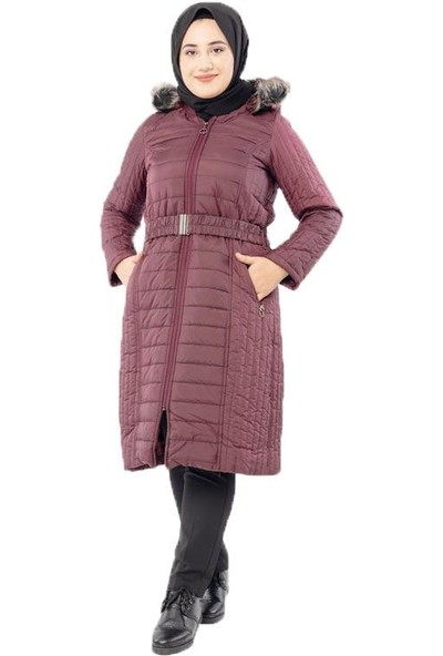 Moda Çizgi Kapüşonlu Şişme Mont Kemerli Bordo Moda Çizgi Kapüşonlu Şişme Mont Kemerli Bordo