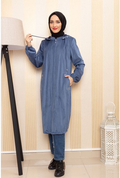 Moda Çizgi Kapüşonlu Kadife Kap Indigo Moda Çizgi Kapüşonlu Kadife Kap Indigo