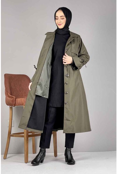 Moda Çizgi Beli Bağcıklı Trençkot Haki Moda Çizgi Beli Bağcıklı Trençkot Haki