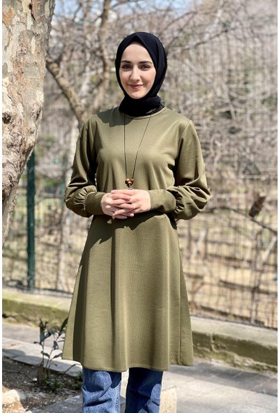 Moda Çizgi Kolları Manşetli Tunik Haki