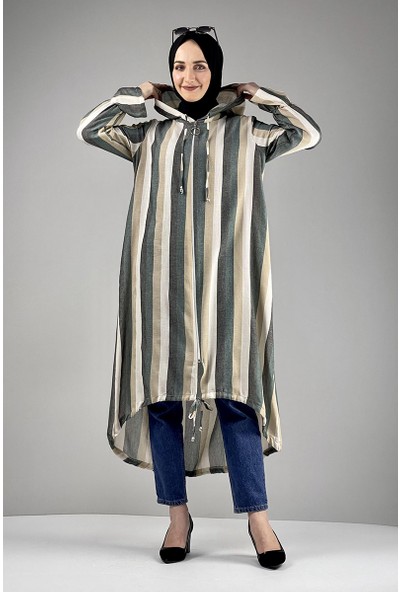 Moda Çizgi Çizgili Tesettür Kap Zümrüt Yeşili