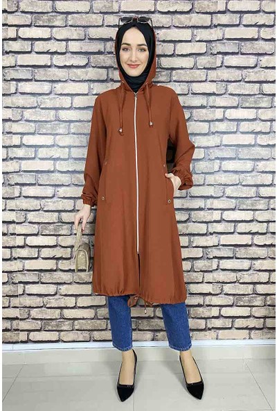 Moda Çizgi Kuş Gözü Detaylı Kapüşonlu Tesettür Kap Kiremit Moda Çizgi Kuş Gözü Detaylı Kapüşonlu Tesettür Kap Kiremit