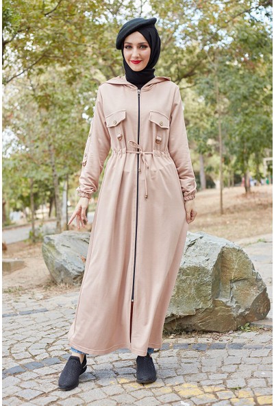 Moda Çizgi Belden Bağcıklı Tesettür Kap Vizon