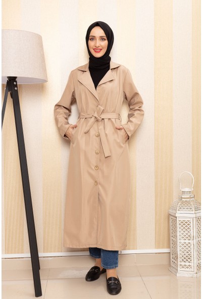Moda Çizgi Seyyar Kemerli Trençkot Bej