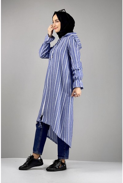 Moda Çizgi Çizgili Tesettür Kap Mavi