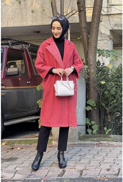 Moda Çizgi Kaşe Ceket Nar Çiçeği