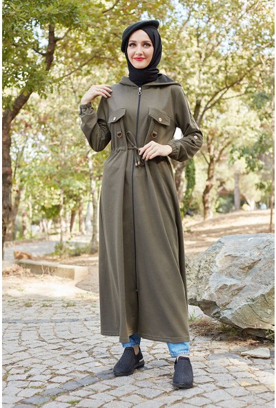 Moda Çizgi Belden Bağcıklı Tesettür Kap Haki Yeşili