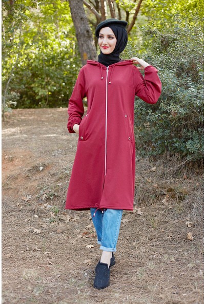 Moda Çizgi Kuş Gözü Cep Detaylı Tesettür Kap Bordo Moda Çizgi Kuş Gözü Cep Detaylı Tesettür Kap Bordo