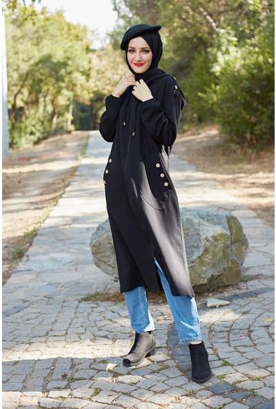 Moda Çizgi Kapüşonlu Tesettür Kap Siyah