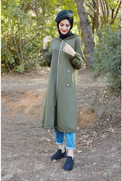 Moda Çizgi Kuş Gözü Cep Detaylı Tesettür Kap Haki Yeşili