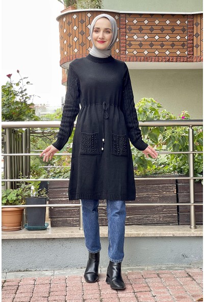 Moda Çizgi Cepli Triko Tunik Siyah