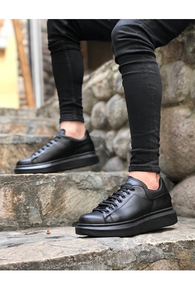 Shoecide BBO0547 Boa Kalın Yüksek Taban Siyah Bağcıklı Spor Erkek Ayakkabı