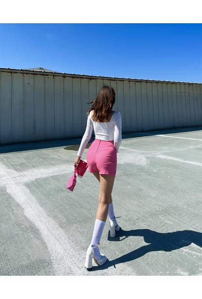 Loveofzi Pembe Neon Yırtmaçlı Şort Etek