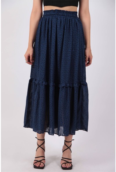 Coral Puantiyeli Beli Lastikli Etek Lacivert