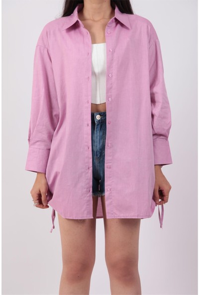 Coral Midi Kol Yırtmaçlı Geniş Gömlek Lila