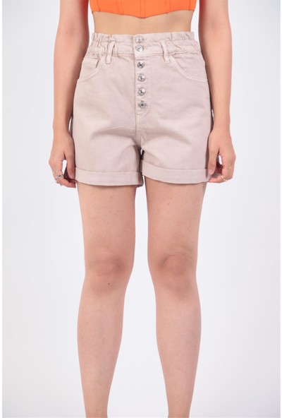 Coral Beli Lastikli Düğmeli Şort Bej