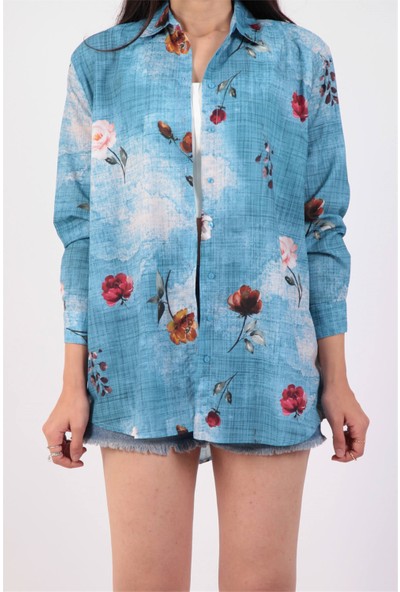 Coral Gül ve Bulut Desenli Gömlek Mavi Coral Gül ve Bulut Desenli Gömlek Mavi