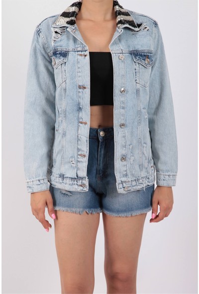 Coral Yakas Işlemeli Kot Ceket Mavi