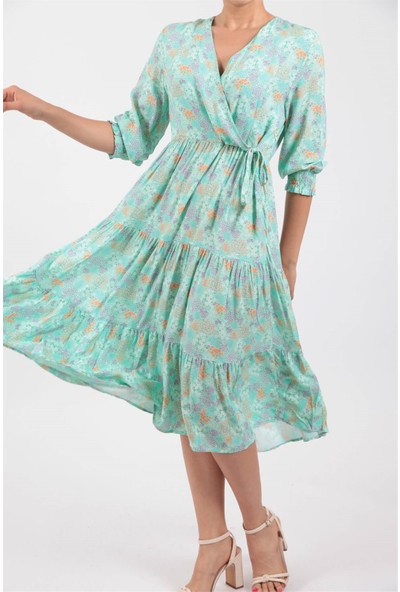 Coral Çiçekli Belden Bağlamalı Kruvaze Elbise Mint Yeşili