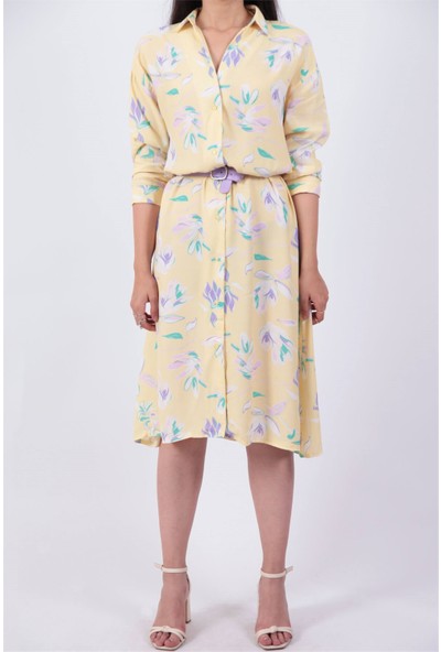 Coral Çiçekli Kemerli V Yaka Elbise Sarı