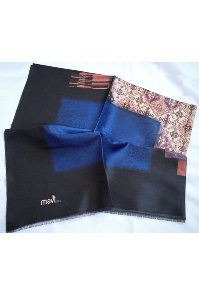 Mavi İpek Siyah Desenli Eşarp