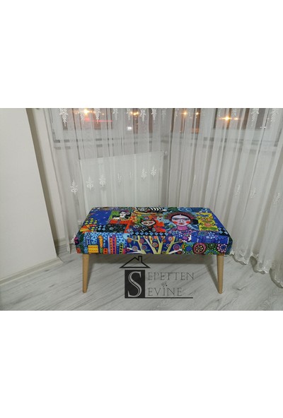 Sepetten Evine Etnik Desen, Baskılı Kumaş Ahşap Ayaklı Puf Bench Sepetten Evine Etnik Desen, Baskılı Kumaş Ahşap Ayaklı Puf Bench