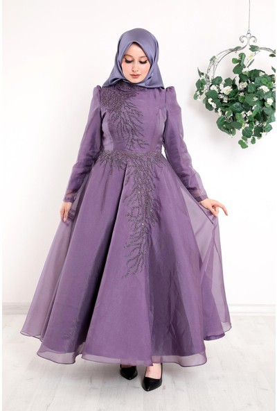 Hennin Nisaca Boncuk Işli Prenses Tesettür Abiye Lila Hennin Nisaca Boncuk Işli Prenses Tesettür Abiye Lila