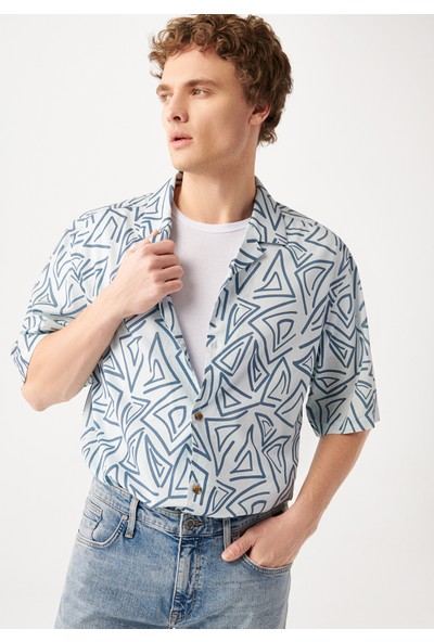 Mavi Baskılı Kısa Kollu Gömlek
