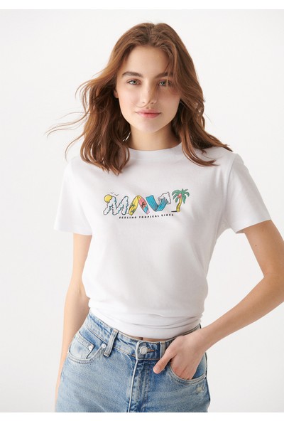 Mavi Logo Baskılı Beyaz Tişört