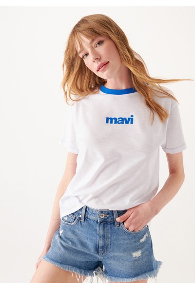 Mavi Maviterranean Mavi Logo Baskılı Beyaz Tişört