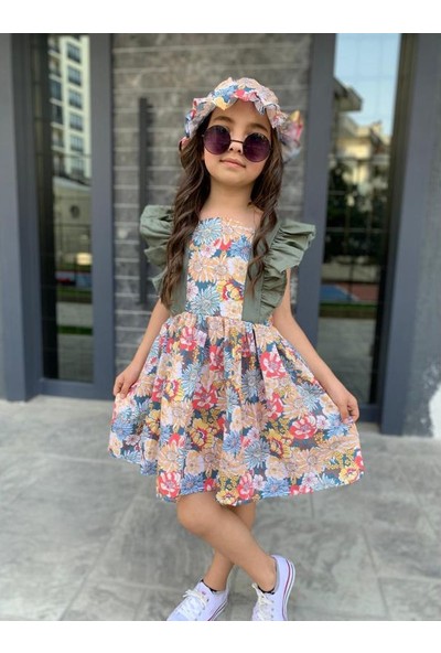 Modavals Şapkalı Fırfırlı Çiçek Desenli Kız Çocuk Elbise - Yeşil