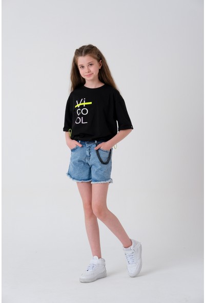 Angelos Girls Kız Çocuk Destroy Paçalı Zincir Detaylı Kot Jean Şort