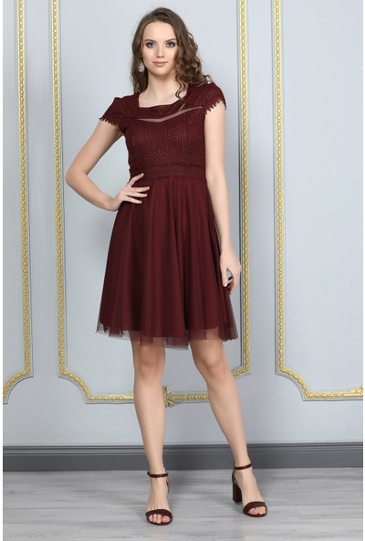 Julude Bordo Kare Yaka Kol ve Bel Güpürlü Abiye Elbise P-003927