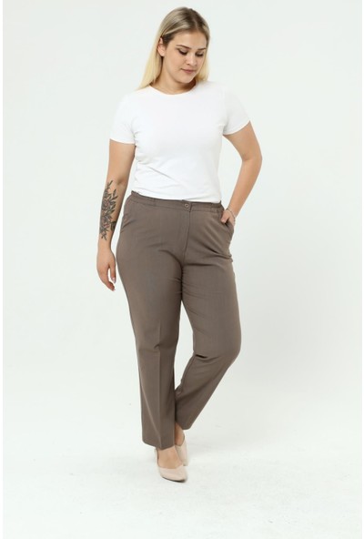 Deneme Kabinim Kadın Büyük Beden Beli Lastikli Koyu Taş Rengi Pantolon