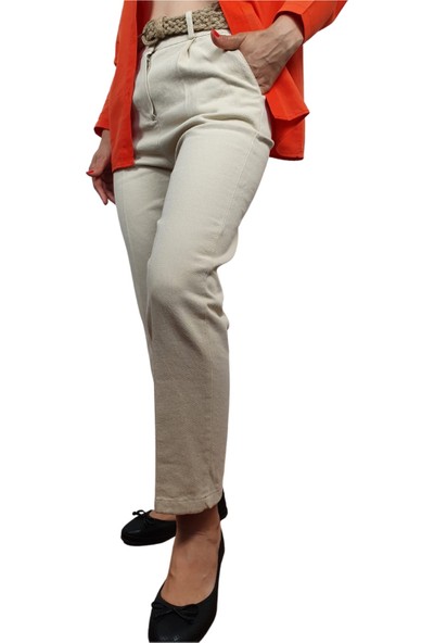 Quzu Hasır Kemerli Keten Pantolon