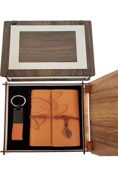NVZ Özel Ahşap Kutulu Taba Deri Defter ve Anahtarlık Set