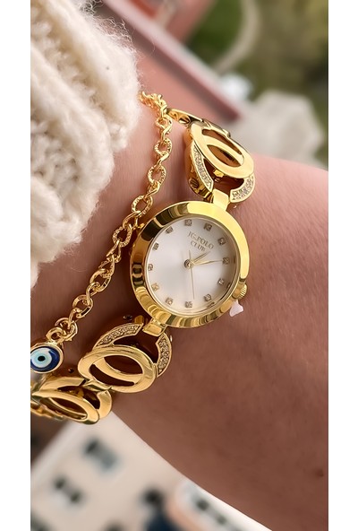 Jg.Polo Club Küçük Kasa Altın Sarısı Zincir (Çelik) Kordon Kadın Kol Saati Bileklik Hediyeli