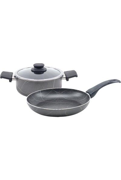 Cem Marble Black Granit 2li Tencere ve Tava Seti