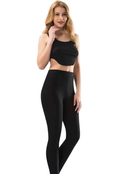 Kadın Siyah Penye Yüksek Bel Uzun Tayt