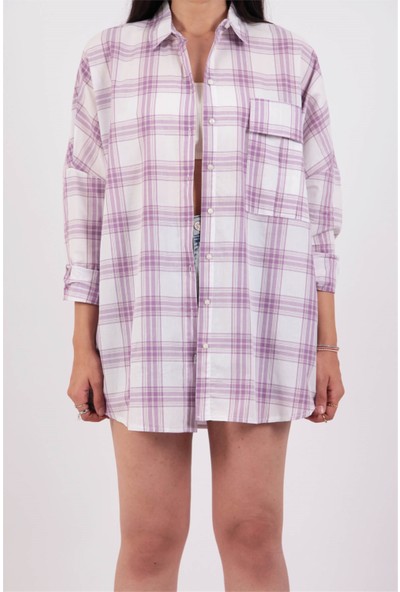 Coral Ekoseli Büyük Tek Cepli Gömlek Lila