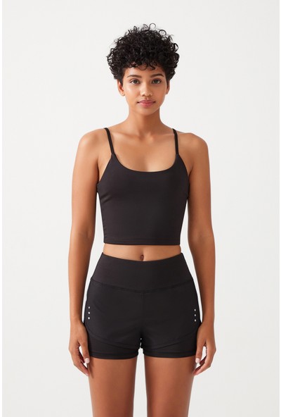 Los Ojos Kadın Siyah 2 Katmanlı Spor Şort - Şortlu Tayt 2in1
