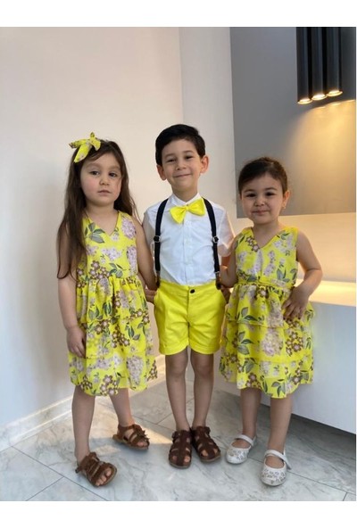 Modavals Limon Sarı Çiçekli Kız Çocuk Elbise & Erkek Çocuk Şortlu Askılı Kardeş Kombin Modavals Limon Sarı Çiçekli Kız Çocuk Elbise & Erkek Çocuk Şortlu Askılı Kardeş Kombin