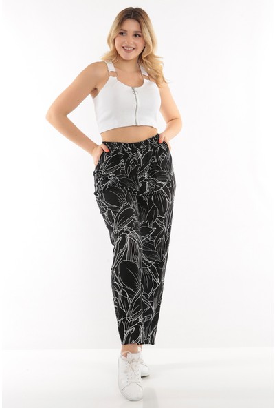 Fiftyone Wear Kadın Çizgili Siyah Yaprak Desenli Yazlık Cepli Viskon Pantolon Fiftyone Wear Kadın Çizgili Siyah Yaprak Desenli Yazlık Cepli Viskon Pantolon