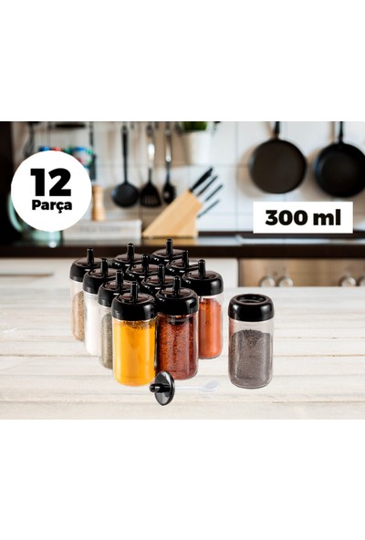 Sas 12 Adet Kapağı Kendinden Kaşıklı Baharatlık Seti Cam Kavanoz 300 ml Siyah