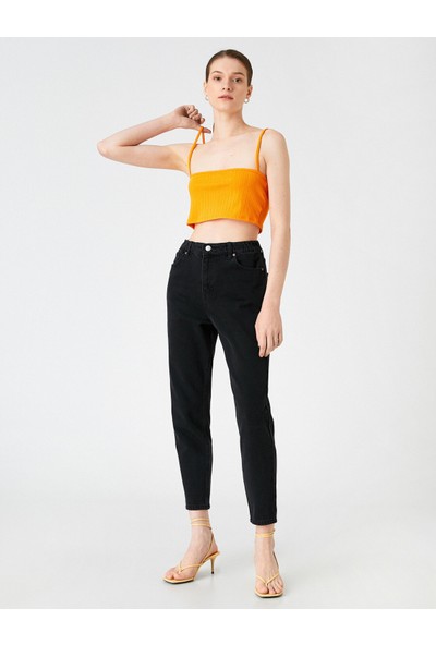 Koton Beli Lastikli Rahat Kesim Yüksek Bel Dar Paça Kot Pantolon- Baggy Jean